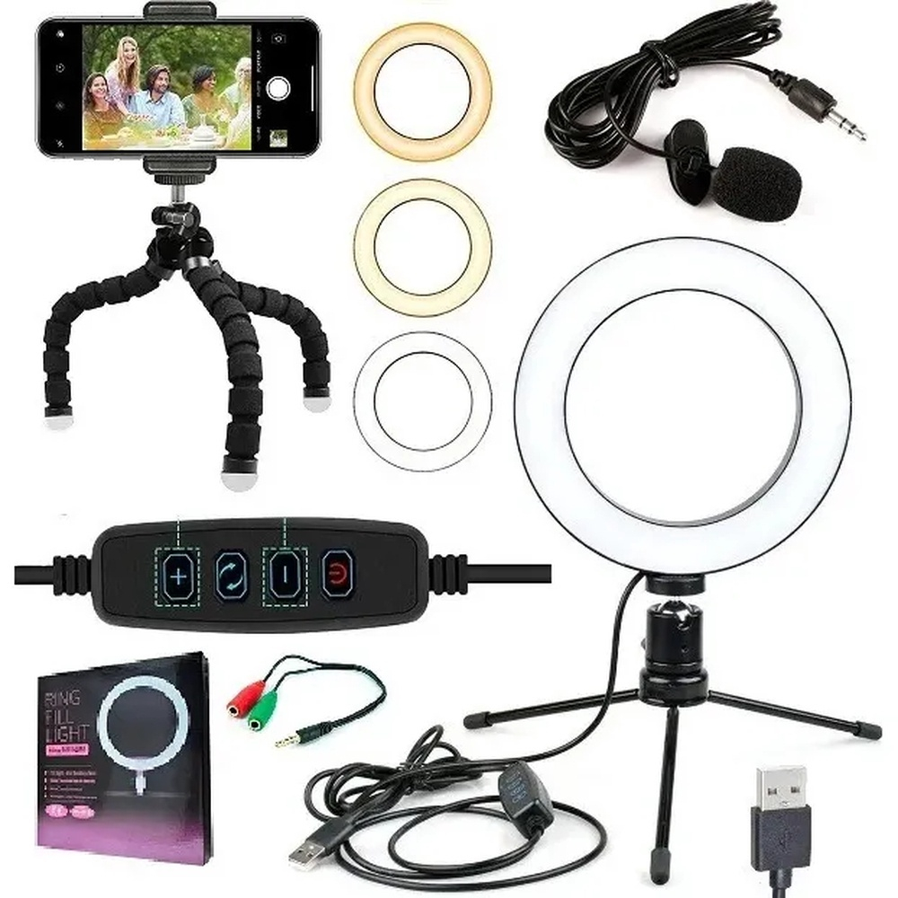 Kit Youtuber Profissional Microfone de Lapela Mini Tripé Flexível Câmera Celular Luz Flash