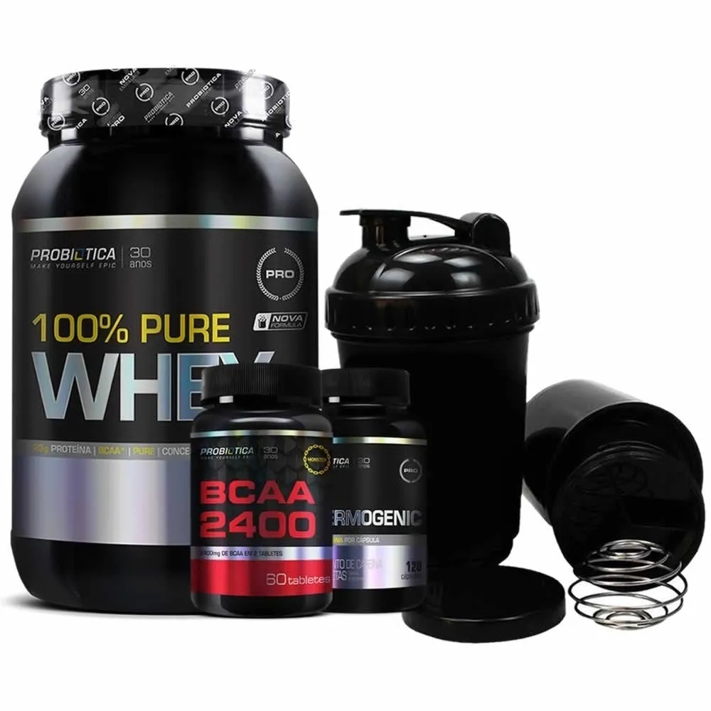 Kit 100 Pure Whey 900g Bcaa 2400 60 Tabletes Termogênico