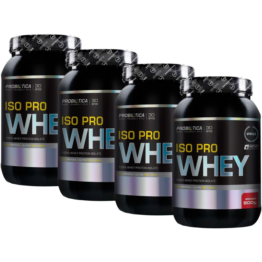Kit 4x Iso Pro Whey 900g Morango Probiótica Submarino