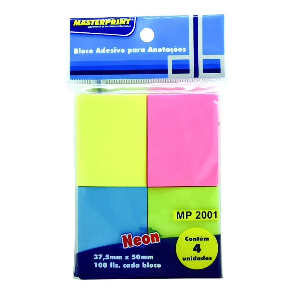 Bloco Adesivo Para Anotações 4 Cores Neon 37 5x50mm Com 4 Blocos De 100