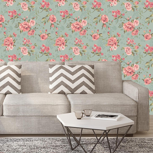 Papel De Parede Floral Rosas Vermelhas Fundo Verde Adesivo Em Promoção