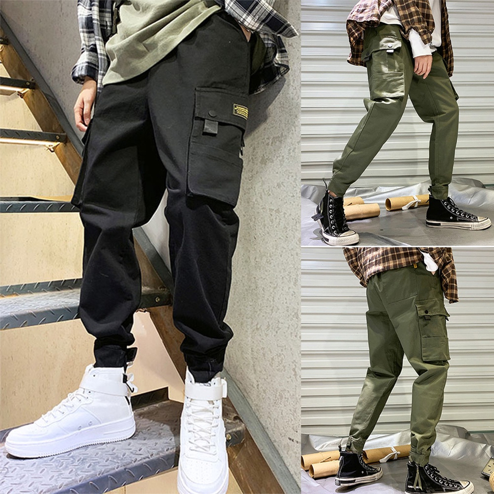 Homens Hip Hop Calças Cargo Multi Bolsos Sólidos Pants Lápis Cor Casual
