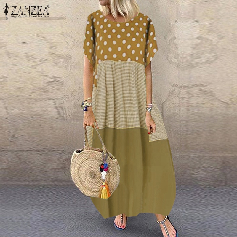 2020 Verão Bolinhas Patchwork Vestido Zanzea Mulheres Vestido De Manga