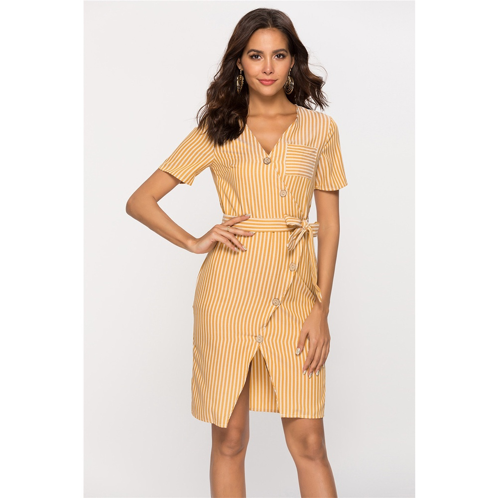 6531 Vintage Listrado Cós V Pescoço Vestido Fino Das Mulheres Com