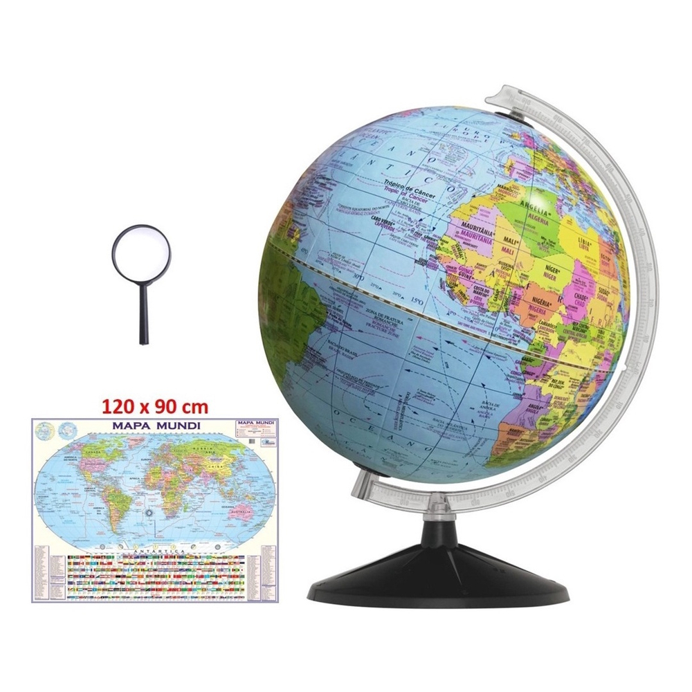 Globo Terrestre Político Bilíngue 30cm Base Preta Mapa Mundi Lupa
