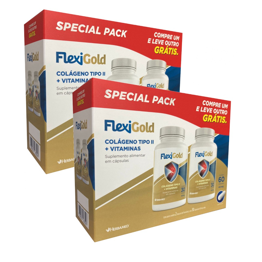 Kit 2x Flexigold Colágeno Tipo 2 + Vitaminas Special Pack 60 caps 40mg ... Kit 2x Flexigold Colágeno Tipo 2 + Vitaminas Special Pack 60 caps 40mg ...