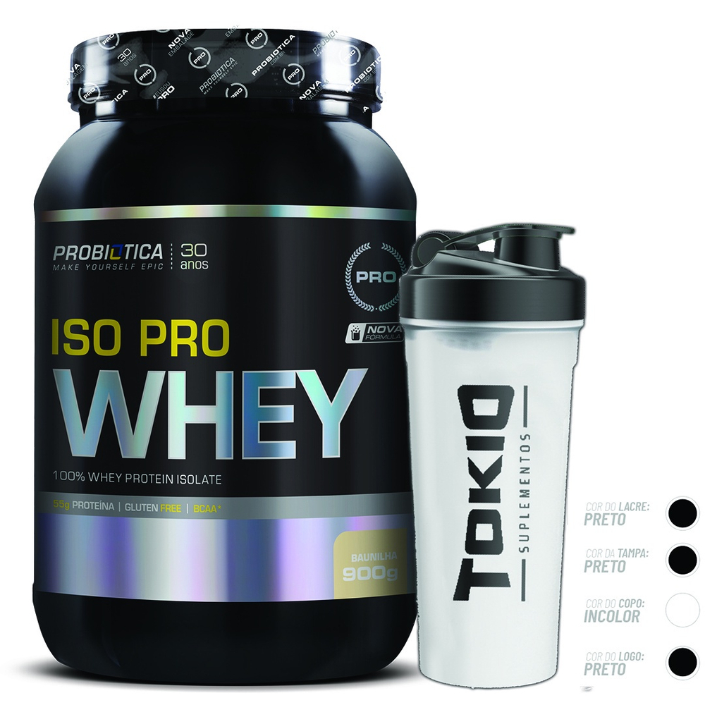 Kit Iso Pro Whey 900g Probiótica Vários Sabores Coqueteleira Tokio Em