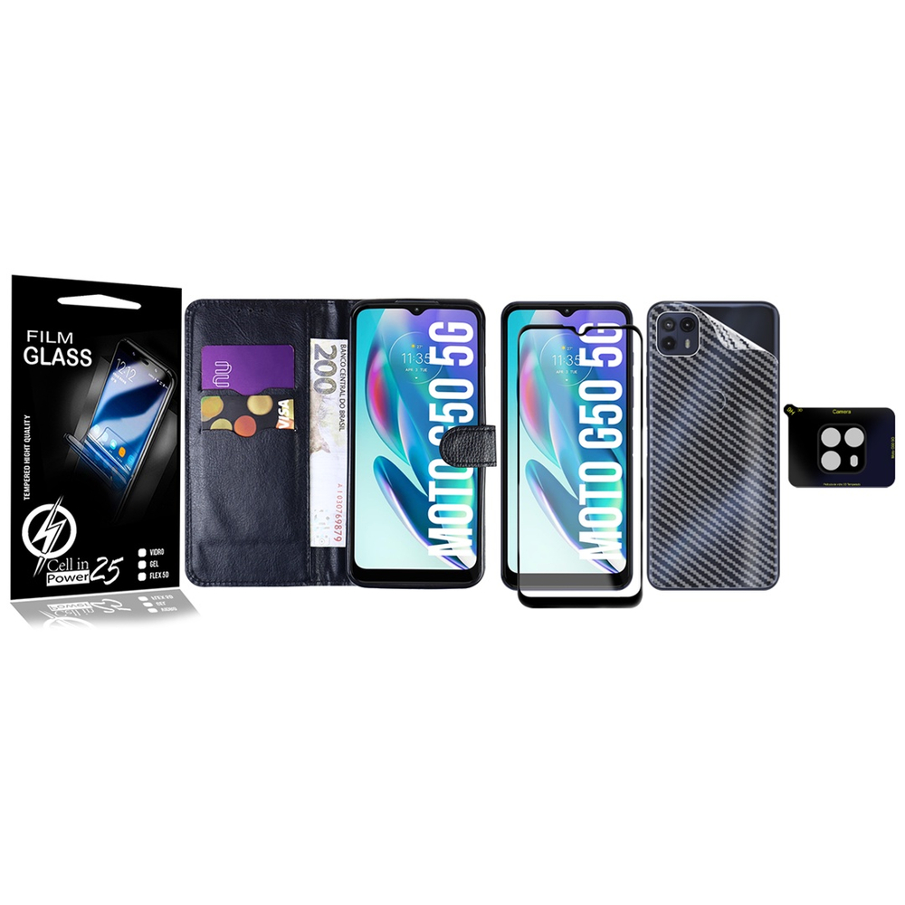 Carteira Preta Skin Carbono Vidro 3d Câmera Para Moto G50 5g