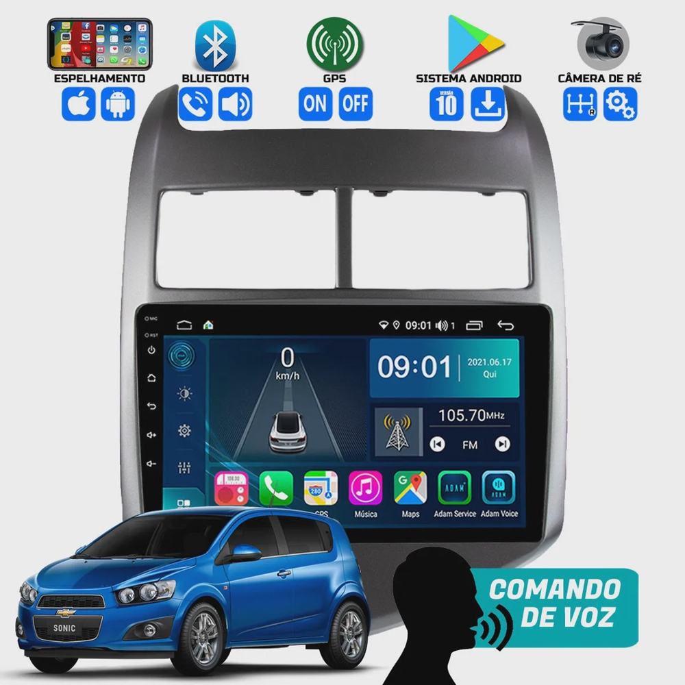 Central Multimídia Chevrolet Sonic 2012 2013 2014 Sistema Android com Comando de Voz 2GB ram gps ...