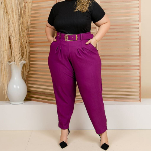 Calça Plus Size De Alfaiataria Cinto Roupa Feminina Moda Plus Size Em