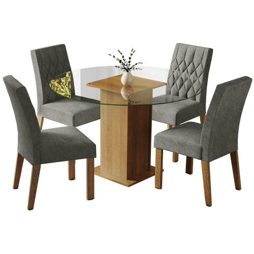 Conjunto Sala de Jantar Mesa Tampo de Vidro Redondo 4 Cadeiras Rustic ... Conjunto Sala de Jantar Mesa Tampo de Vidro Redondo 4 Cadeiras Rustic ...