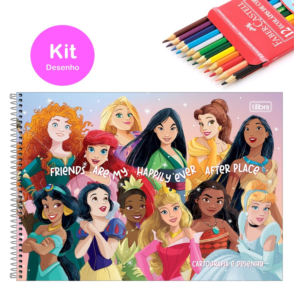 Caderno De Desenho Capa Dura 80fls Princesas Disney Tilibra Lápis De Cor 12 Cores Faber